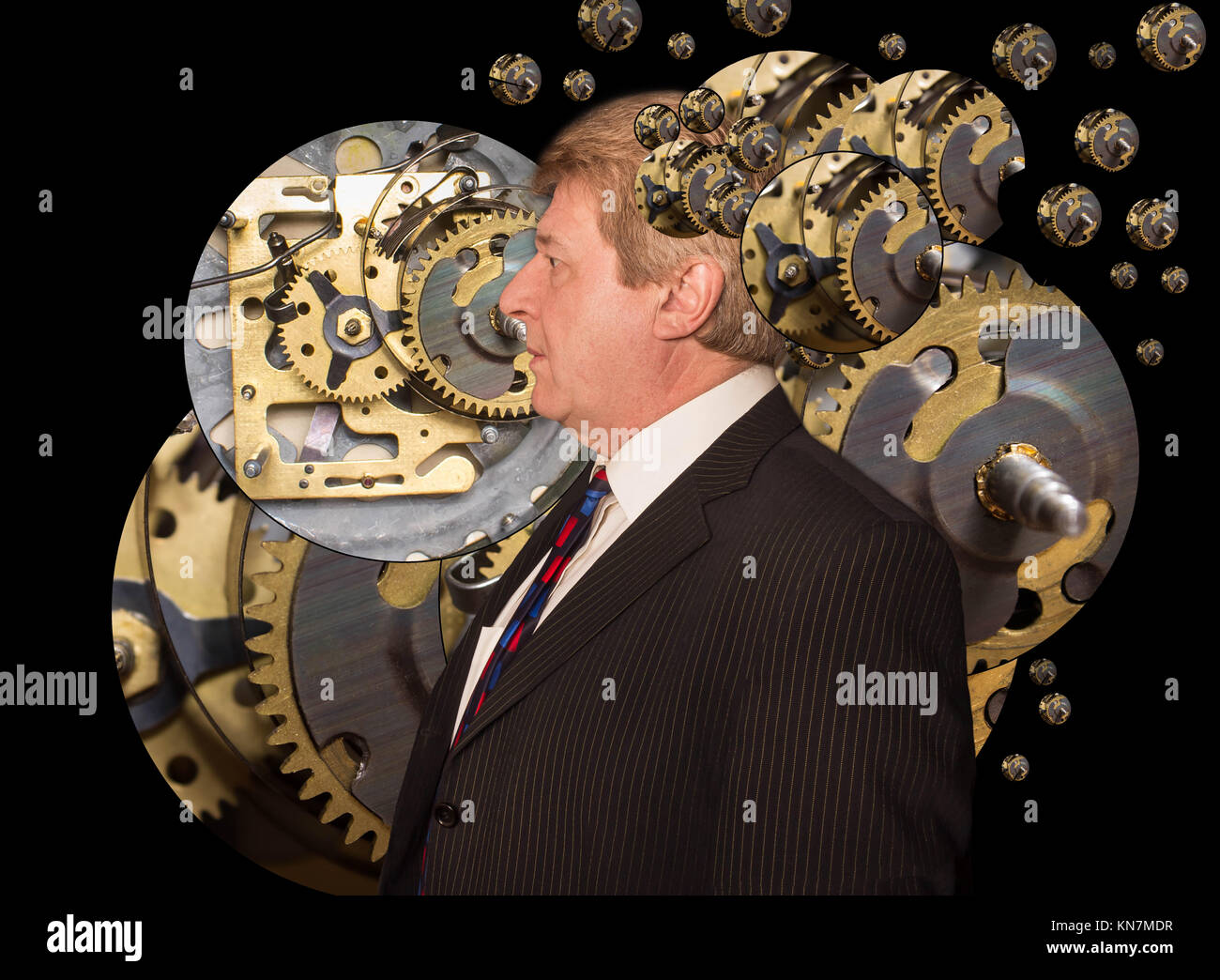 The man with a brain with machine parts. Concept of mental work of the ...