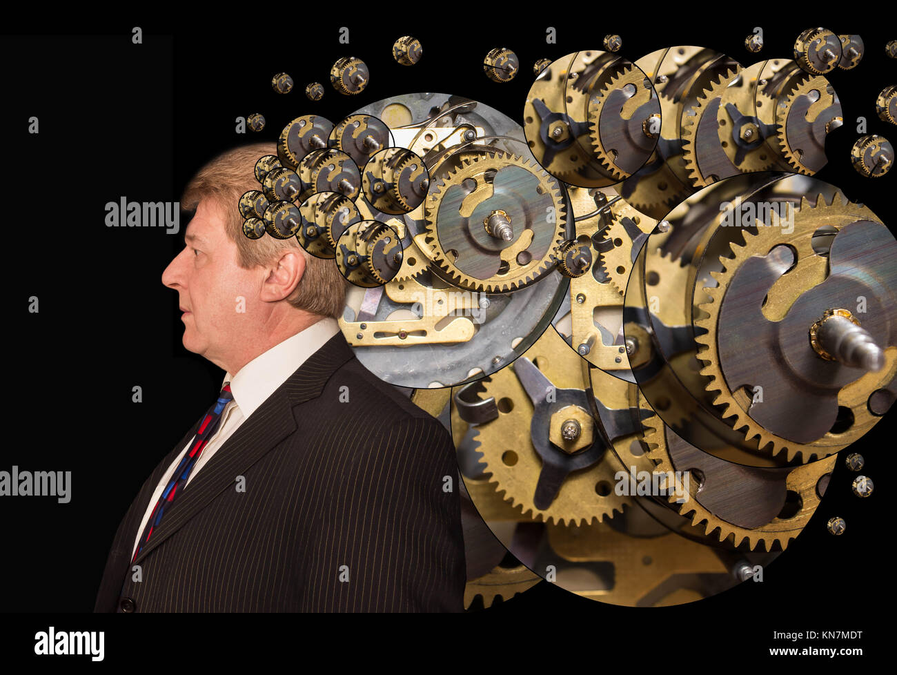 The man with a brain with machine parts. Concept of mental work of the ...
