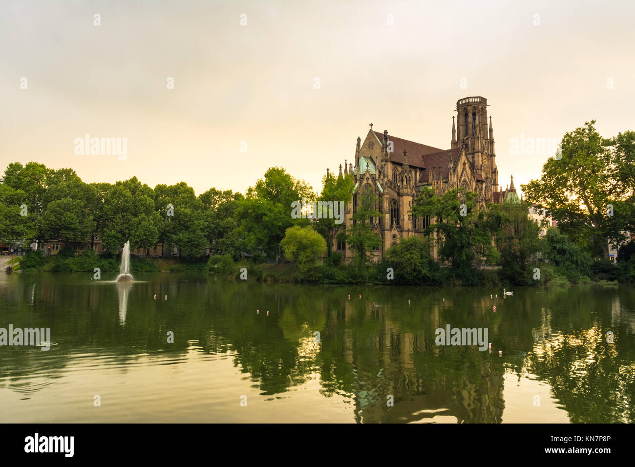 Stuttgart Feuersee Johanesskirche Pond Landscape Germany Europe ...