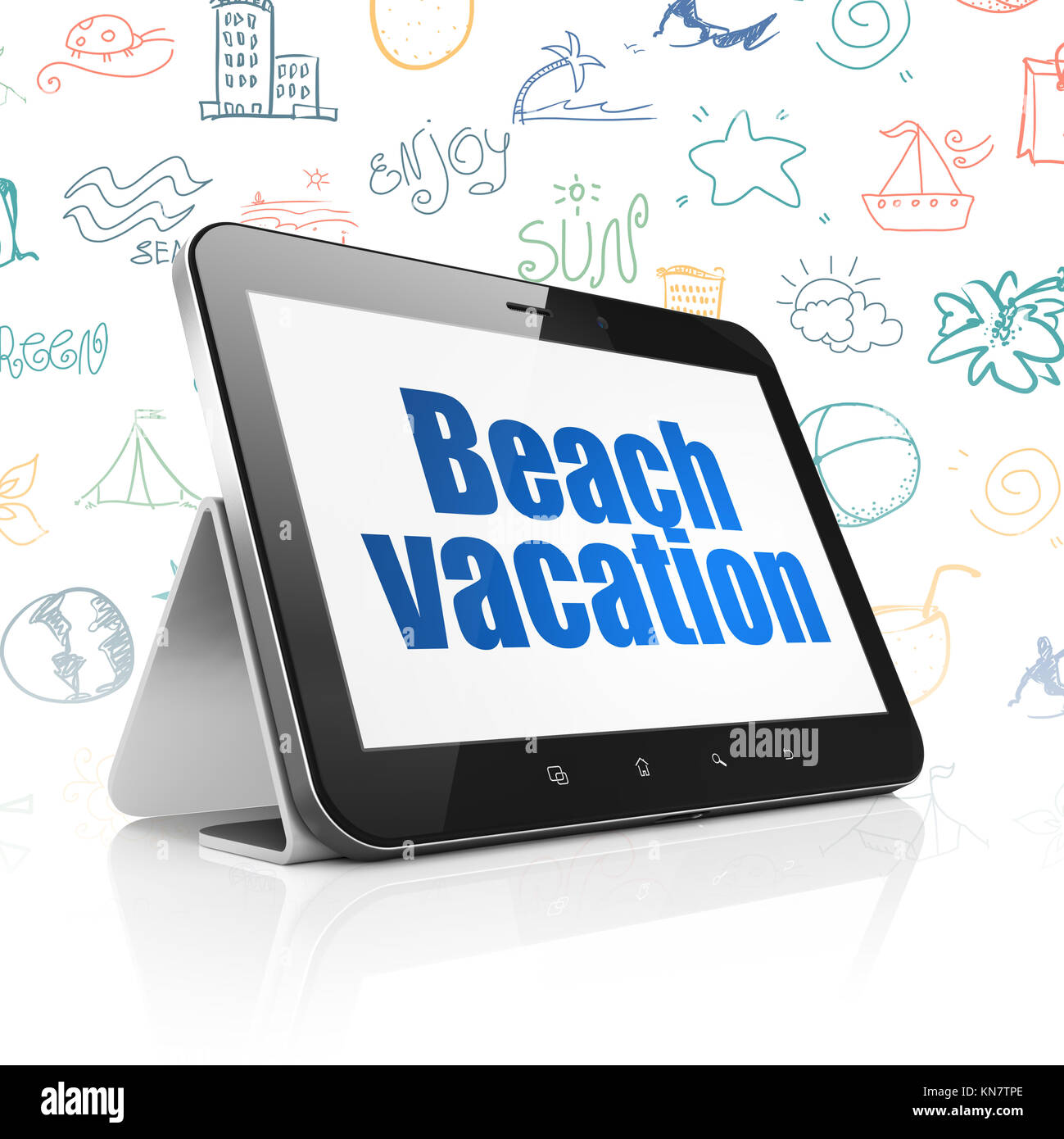 Vacation concept: Tablet Computer with Beach Vacation on display Stock ...