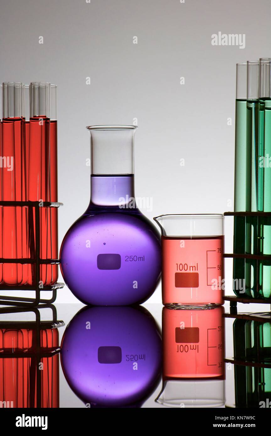 group of laboratory flasks with colored liquid Stock Photo - Alamy