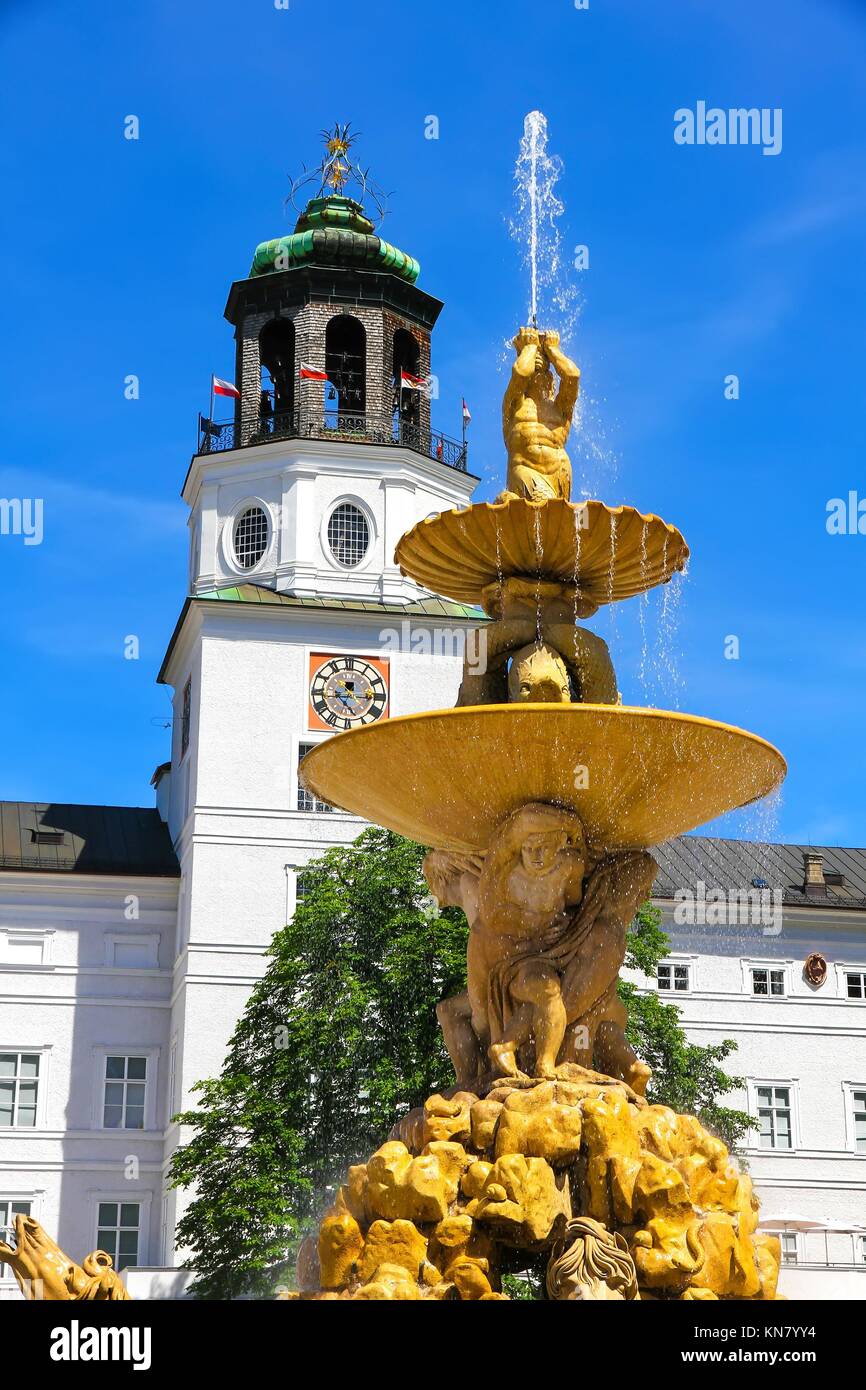The famous Residenz Fountain in Salzburg, Austria, Europe Stock Photo ...