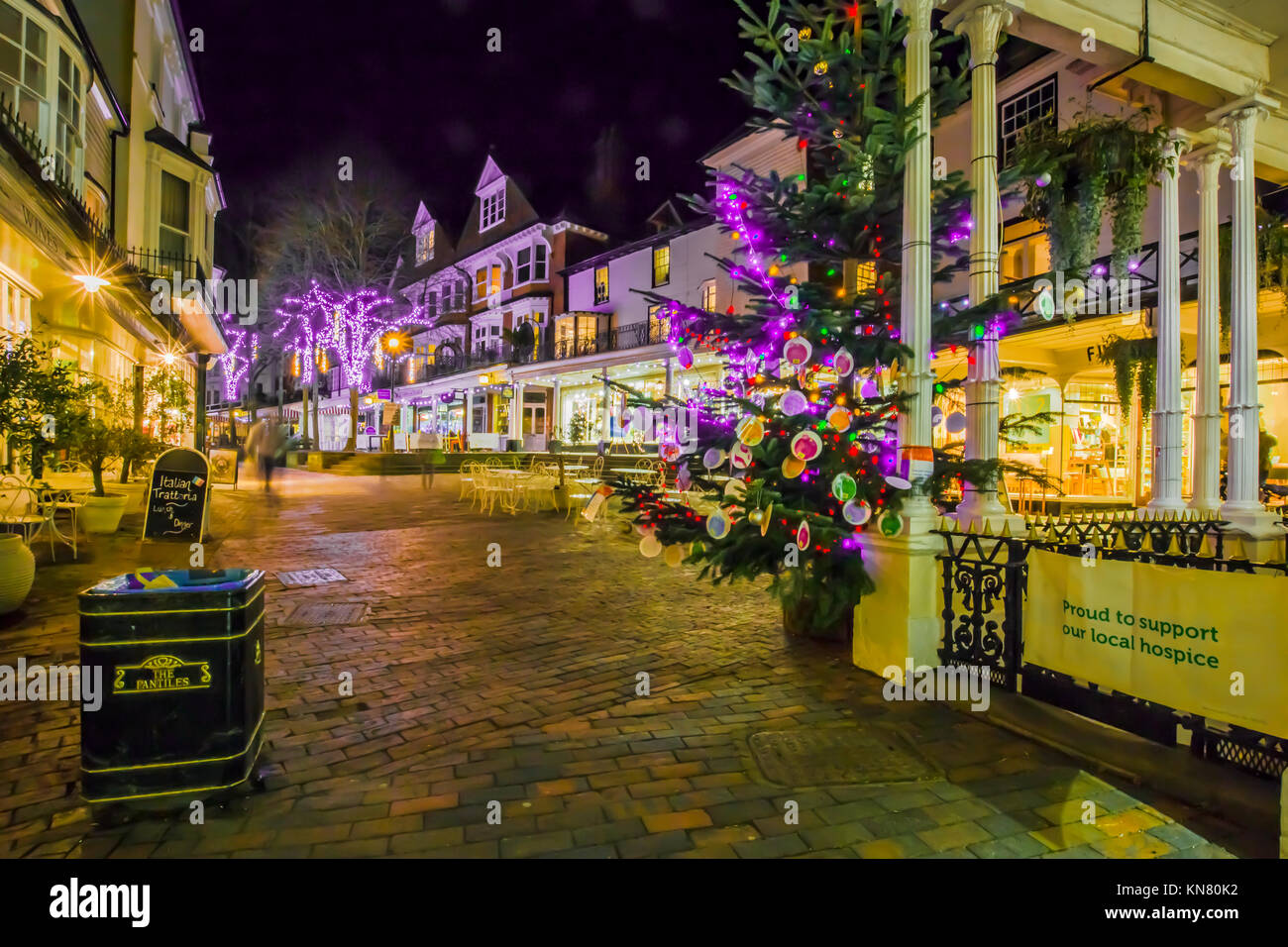 Royal Tunbridge Wells The Pantiles Dusk evening dark with shop lights ...