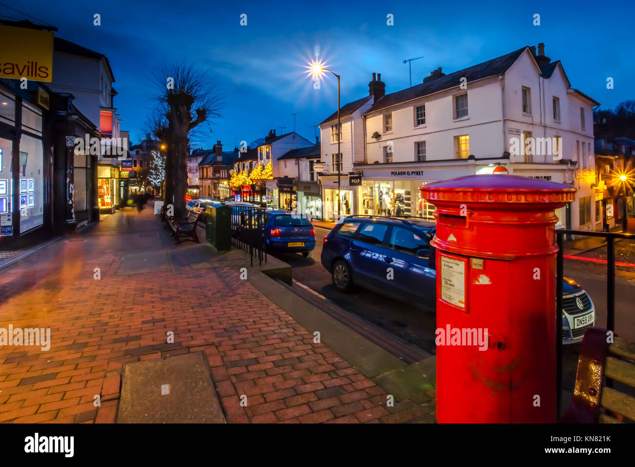 Royal Tunbridge Wells High Street red brick pavements with Red post box ...