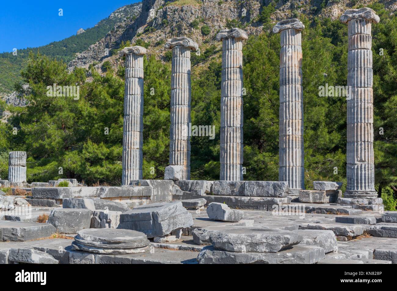 Temple of Athena, Ruins of ancient Priene, Aydin Province, Turkey Stock ...