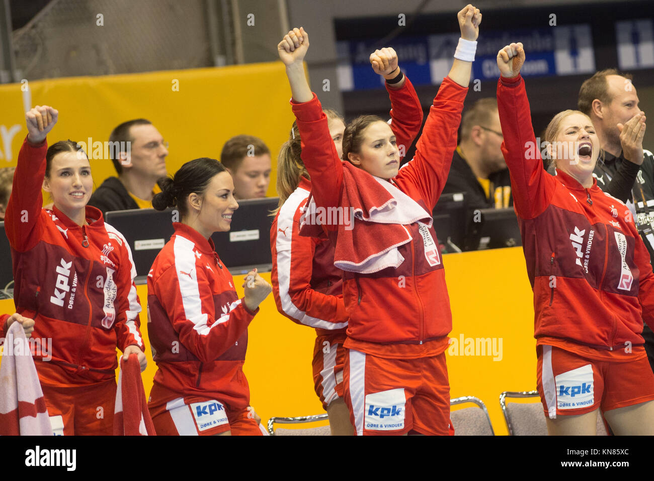 Magdeburg, Germany. 10th Dec, 2017. Denmark players celebrate after a ...