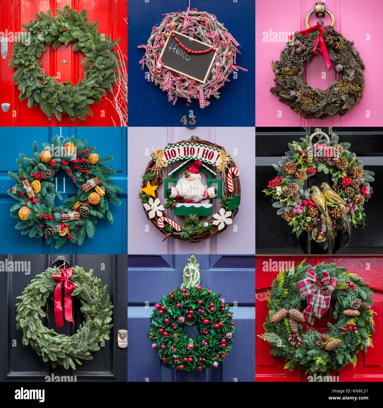 Christmas door wreath collage. Festive Christmas wreaths hang on the ...