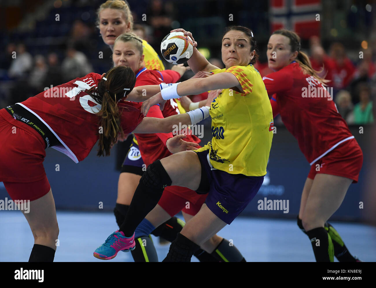 Romania's Valentina-Neli Ardean Elisei (2nd from right) being blocked ...