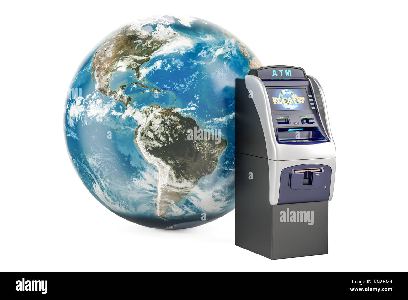 ATM with Earth Globe, global banking service concept. 3D rendering ...