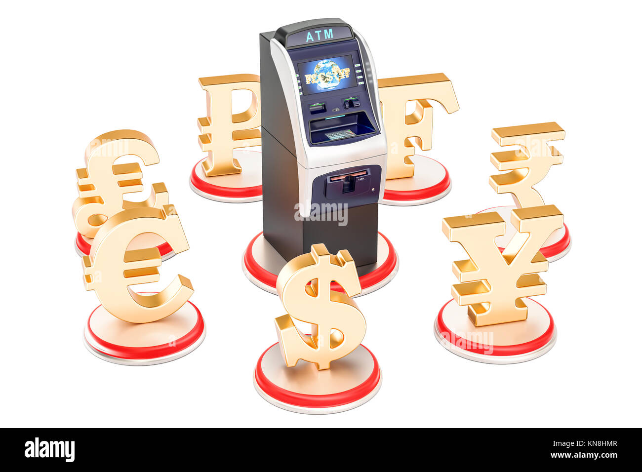 Banking service concept, currency symbols around the ATM. 3D rendering ...