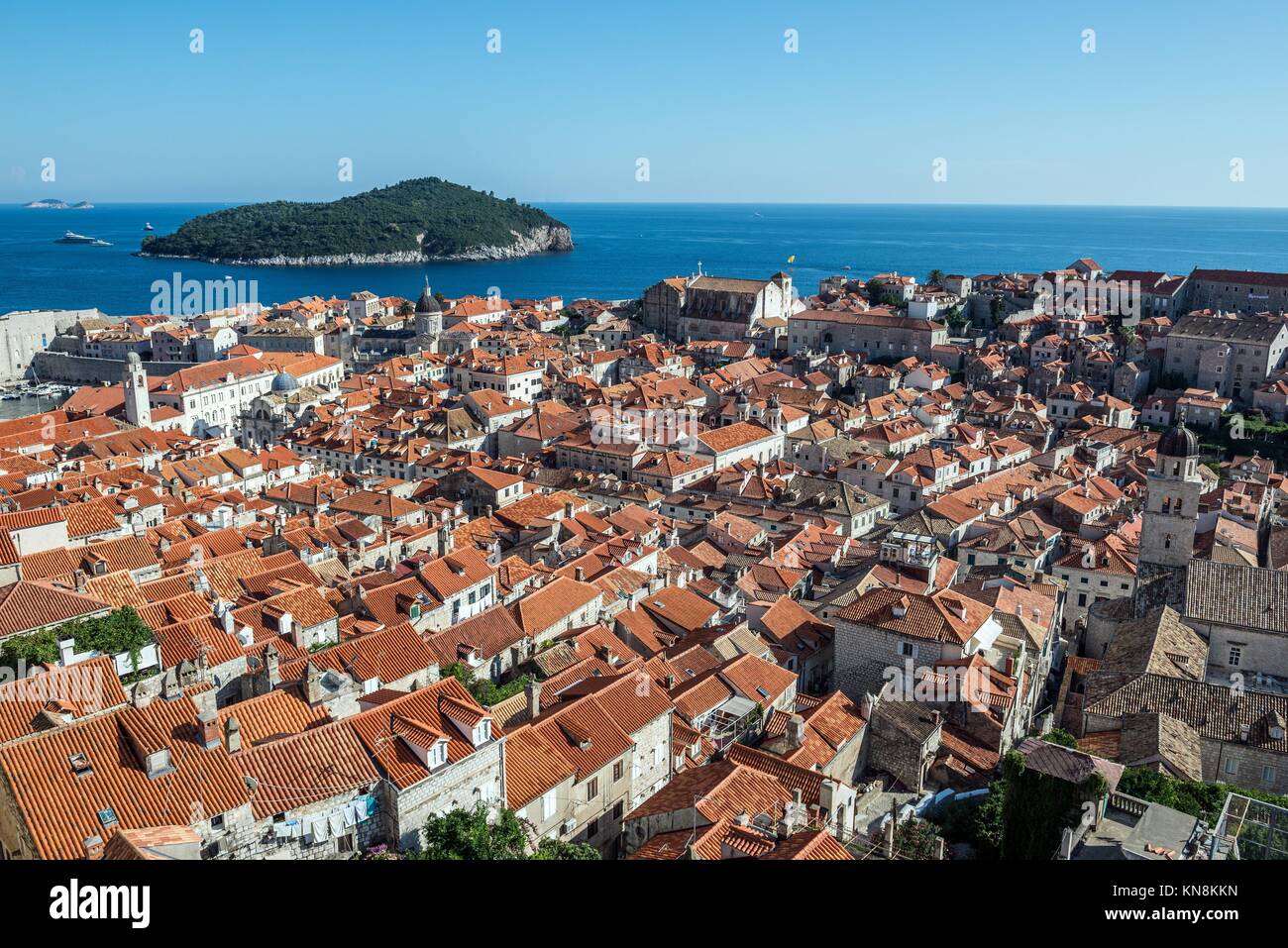 Aerial view from Walls of Dubrovnik with Lokrum island on background ...