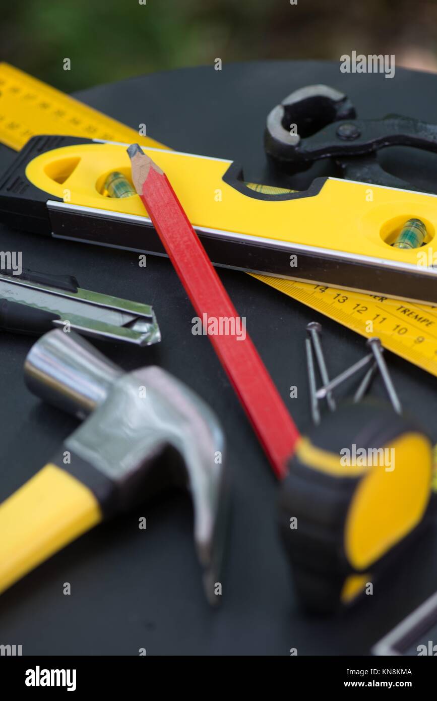 Carpenter's Tools on Table Stock Photo - Alamy