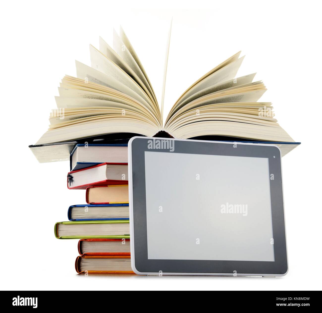 Composition with books and tablet computer isolated on white background ...