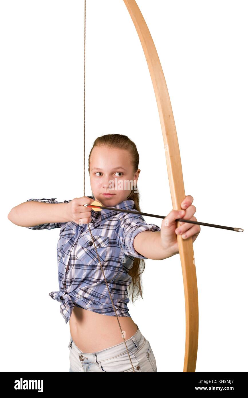 Teen girl practicing archery isolated on white Stock Photo - Alamy