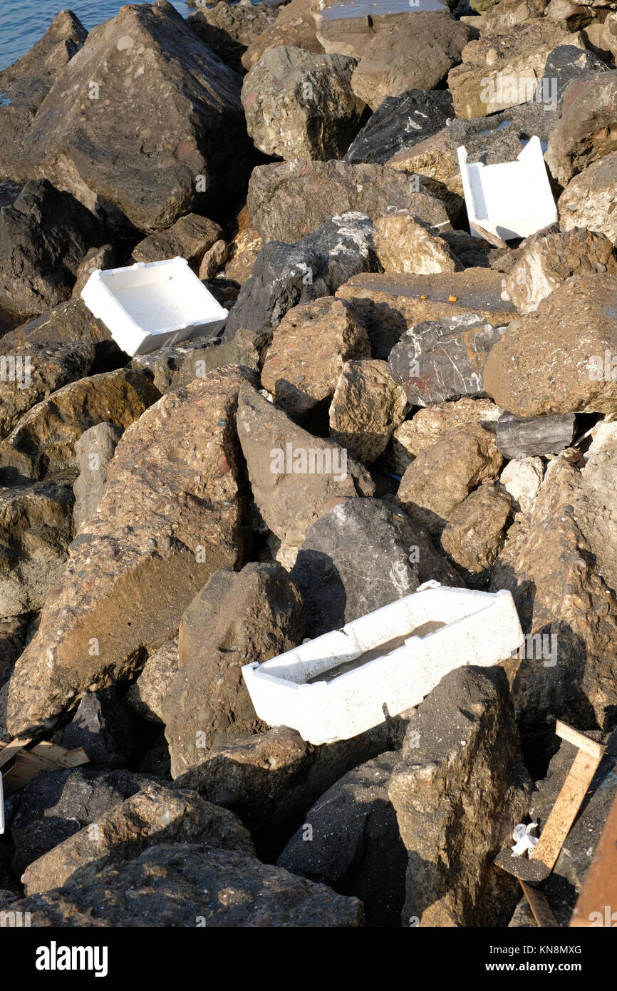 December 2017 - Discarded polystyrene fish boxes washed overboard in a ...