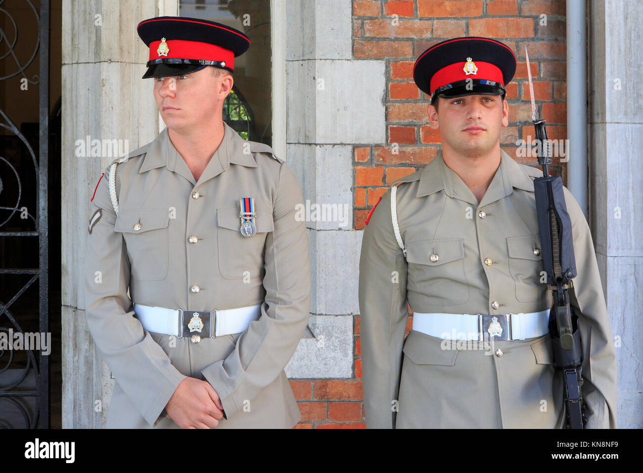 Two soldiers of the Royal Gibraltar Regiment at the entrance of the ...