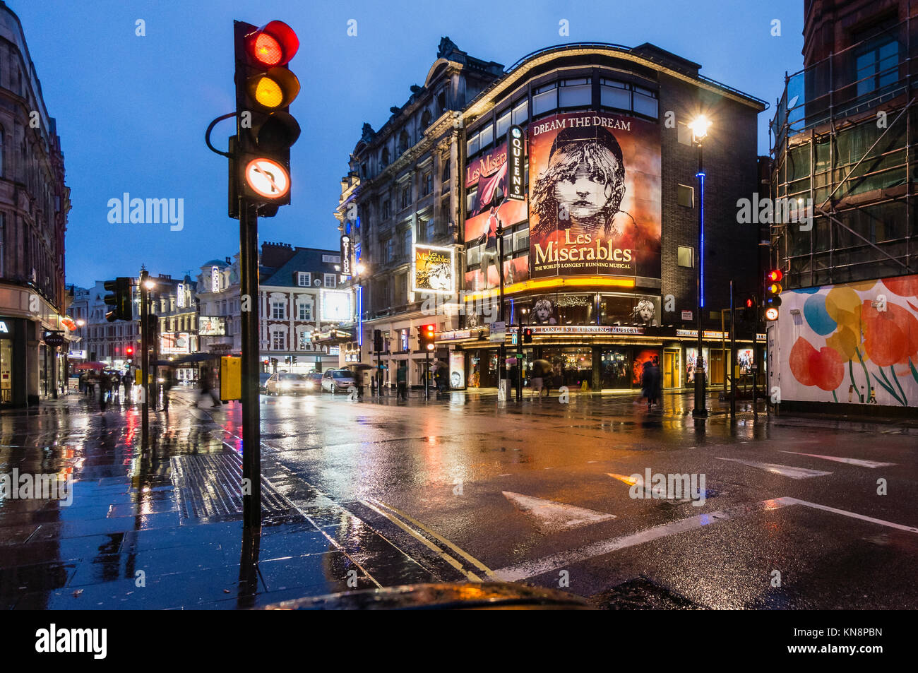 Les Miserables, Queens theatre, Shaftesbury Avenue, West End, rain ...