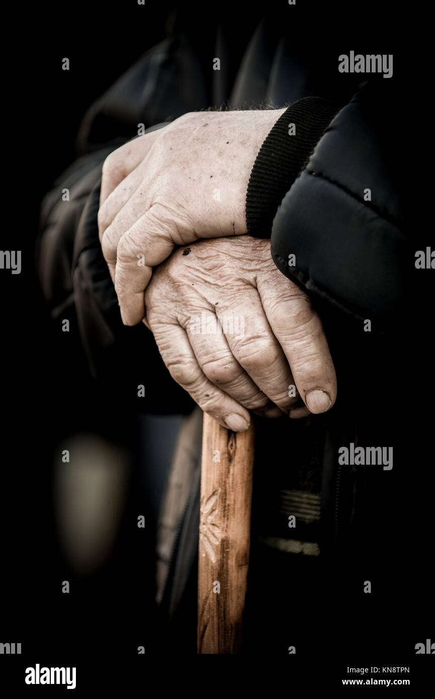 Old people, hands on a cane as main concept, France Stock Photo - Alamy