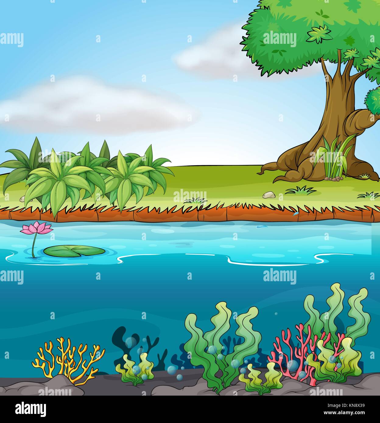 Illustration of land and aquatic environment in a colorful background ...