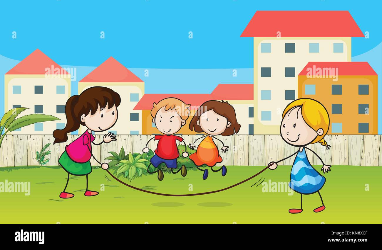 Illustration of kids playing rope in a beautiful garden Stock Vector ...