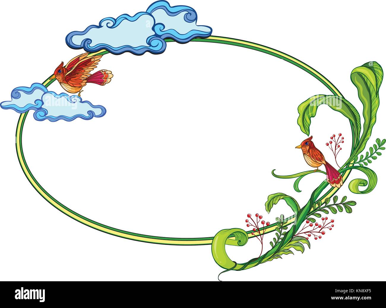 Illustration of a round border with two birds on a white background ...