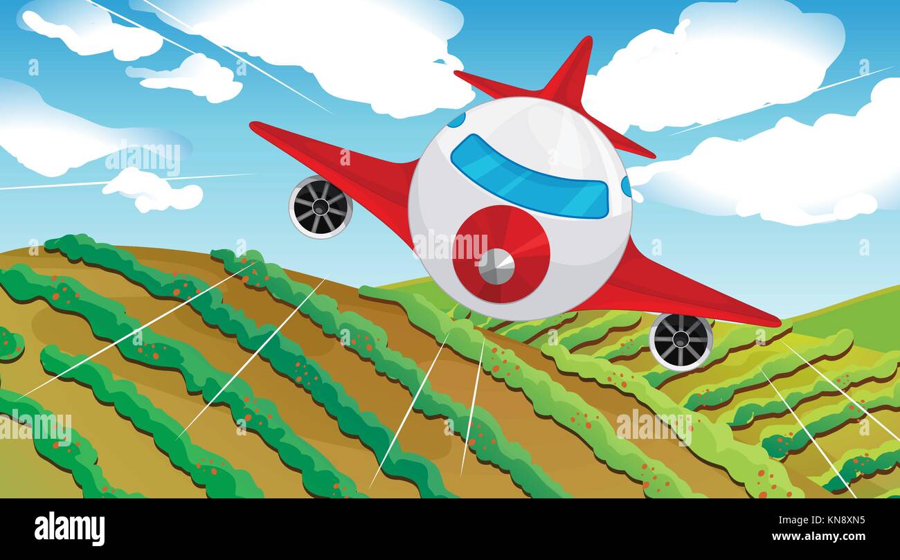 Illustration of a flying airplain and a beautiful landscape Stock ...
