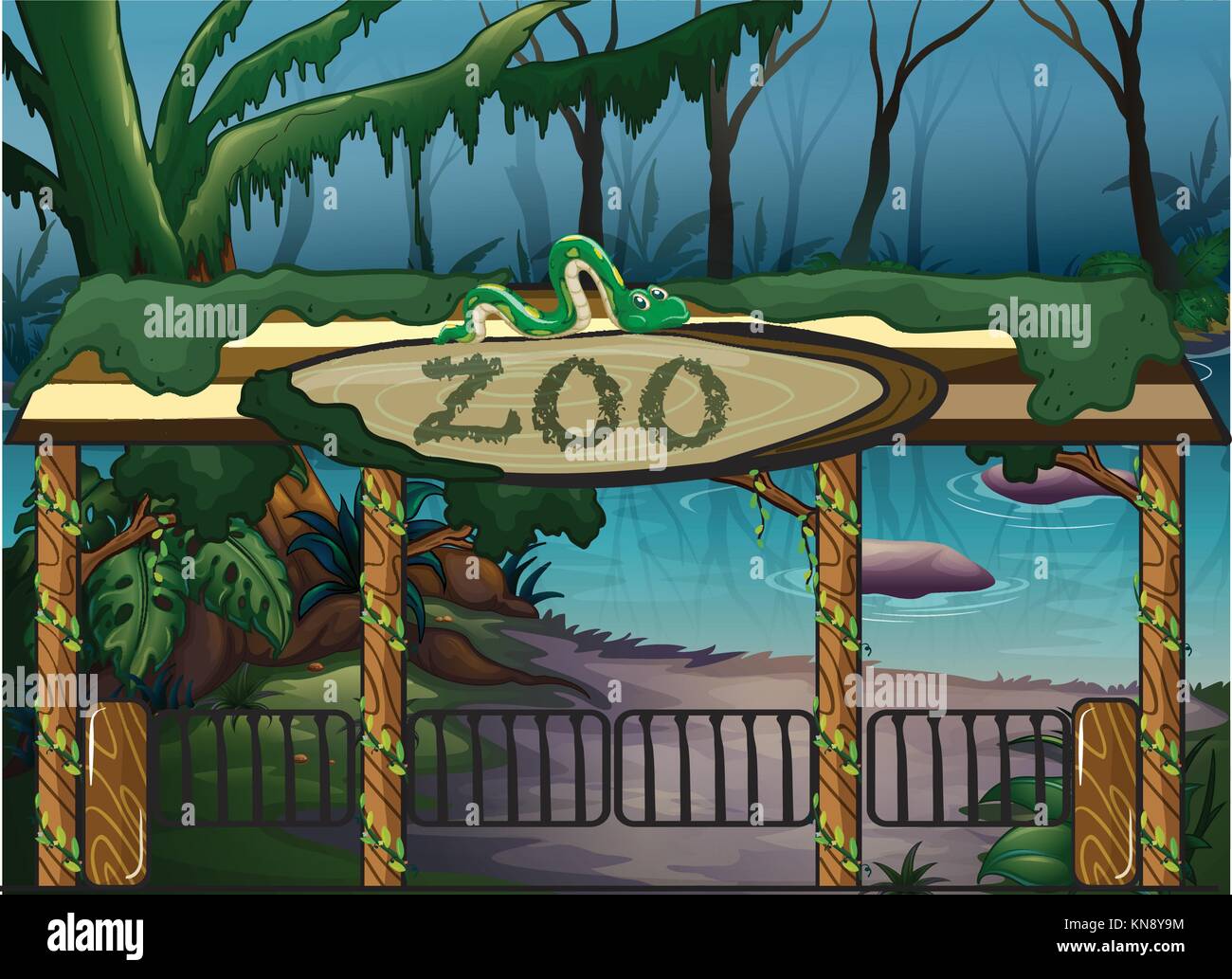 Illustration of a zoo and a river in a scary jungle Stock Vector Image ...