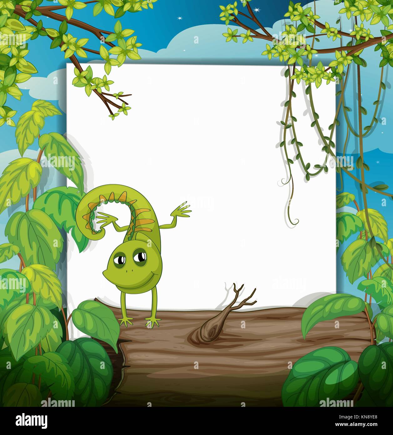 Illustration of a dancing chameleon and a white board in a beautiful ...