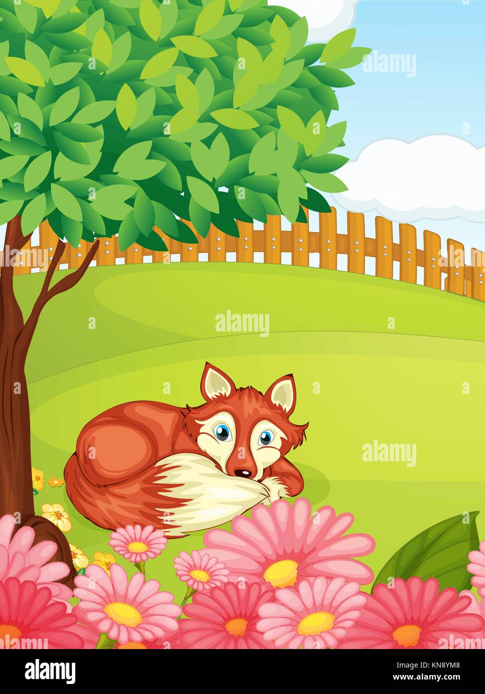 Illustration of a fox lying under a tree in a beautiful nature Stock ...