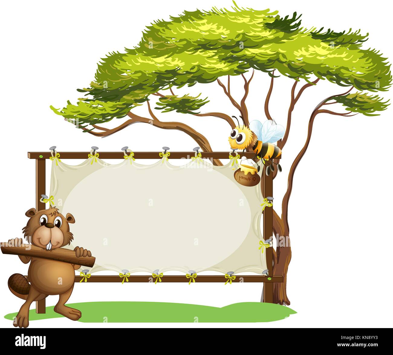 Illustration of a beaver with a stick and a bee with a pot of honey on ...