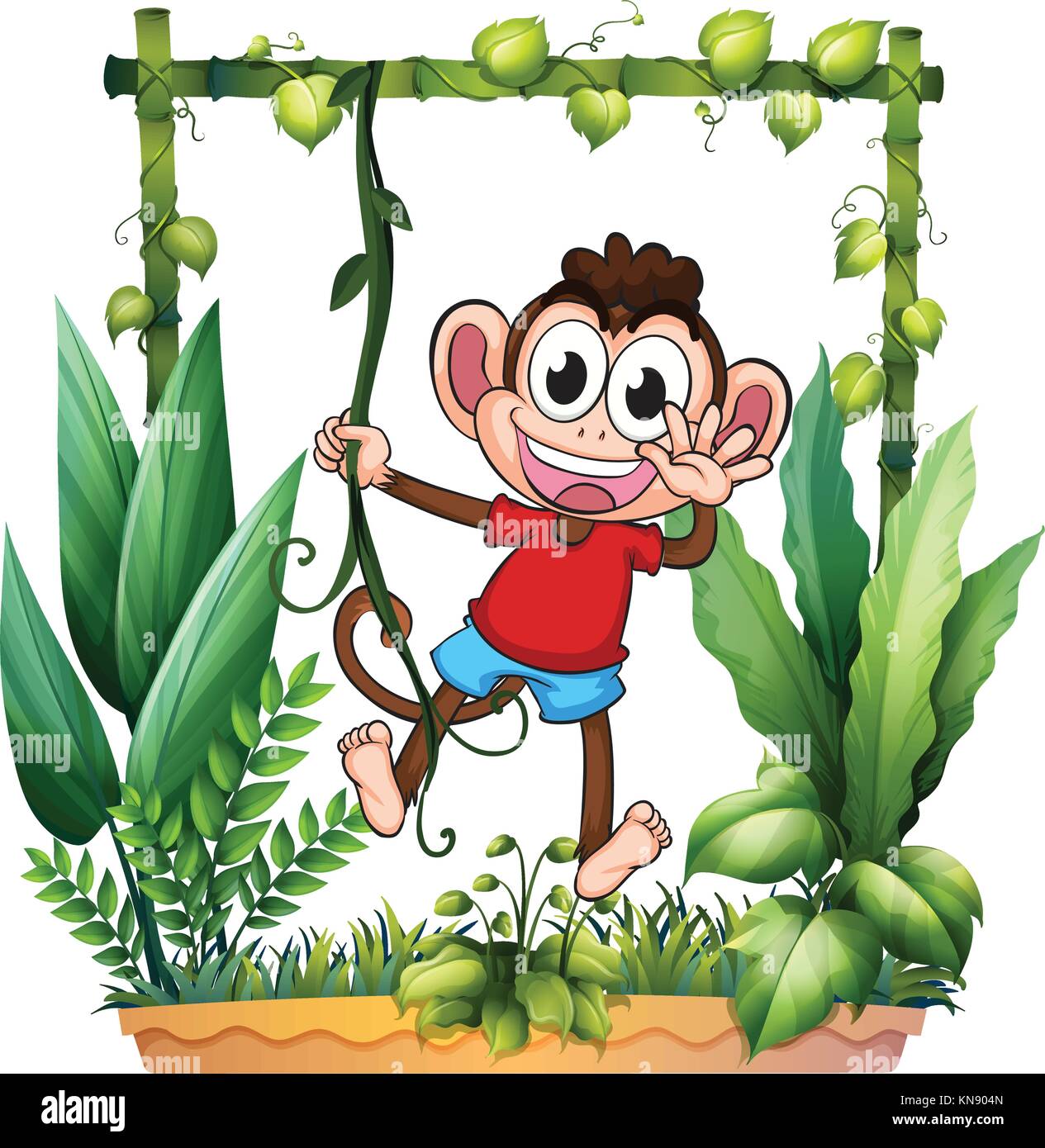 Illustration of a monkey waving his hand in the garden on a white ...