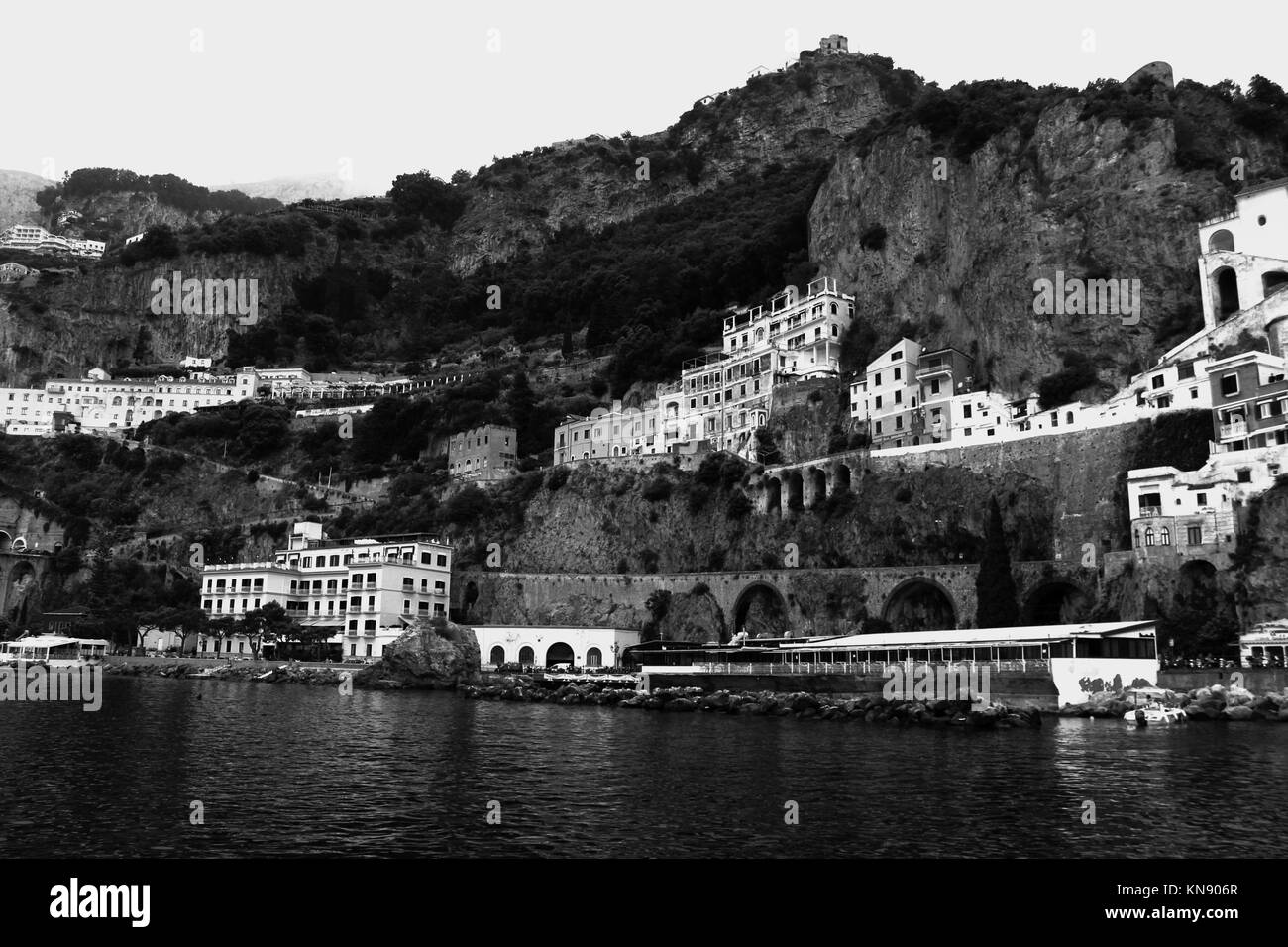 Amazing italy Landscape,Black and white panoramic view of Amalfi city ...
