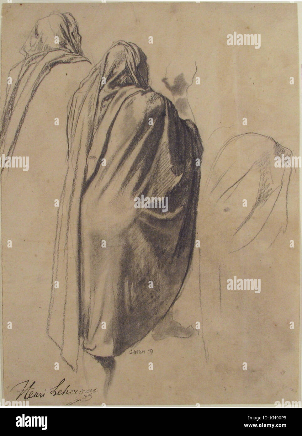 This depiction of a male figure from the back, draped in a cloak ...