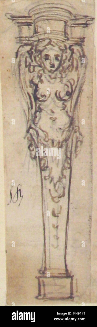 This architectural design depicts a term, a column shaped as a winged ...