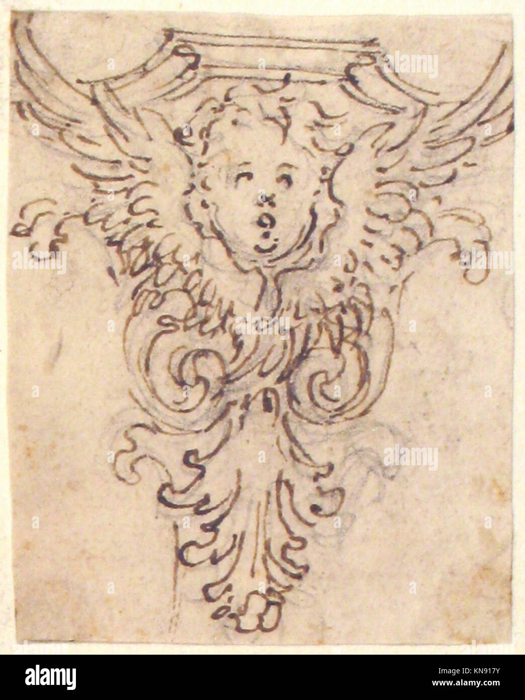 This design illustrates a console or capital with a cherub, a common ...