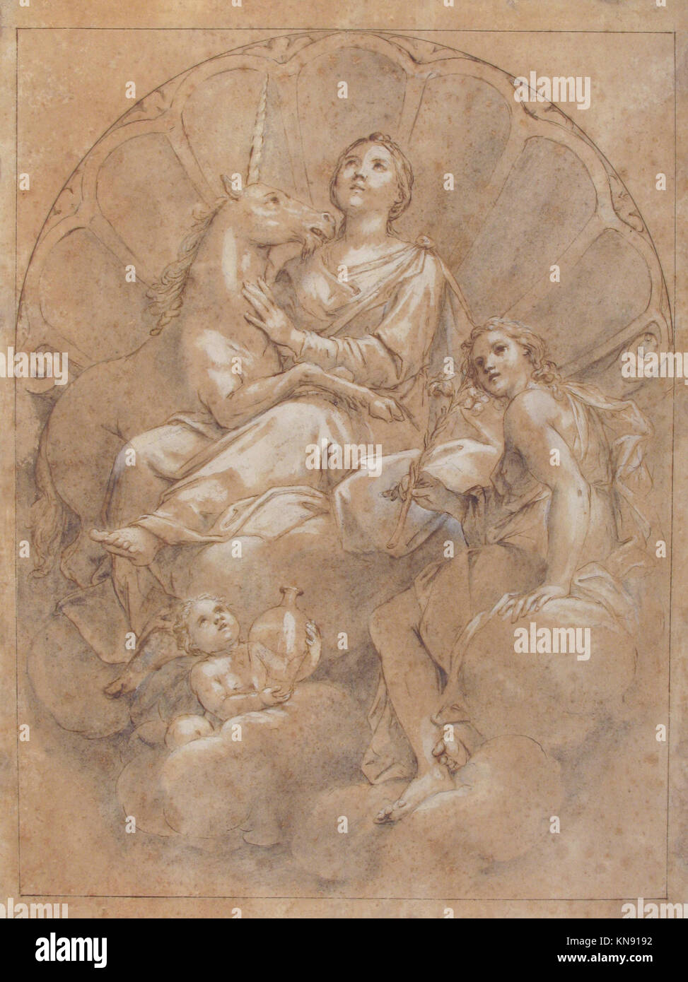 This allegorical figure represents Purity, depicted with a unicorn. The figure and unicorn ...