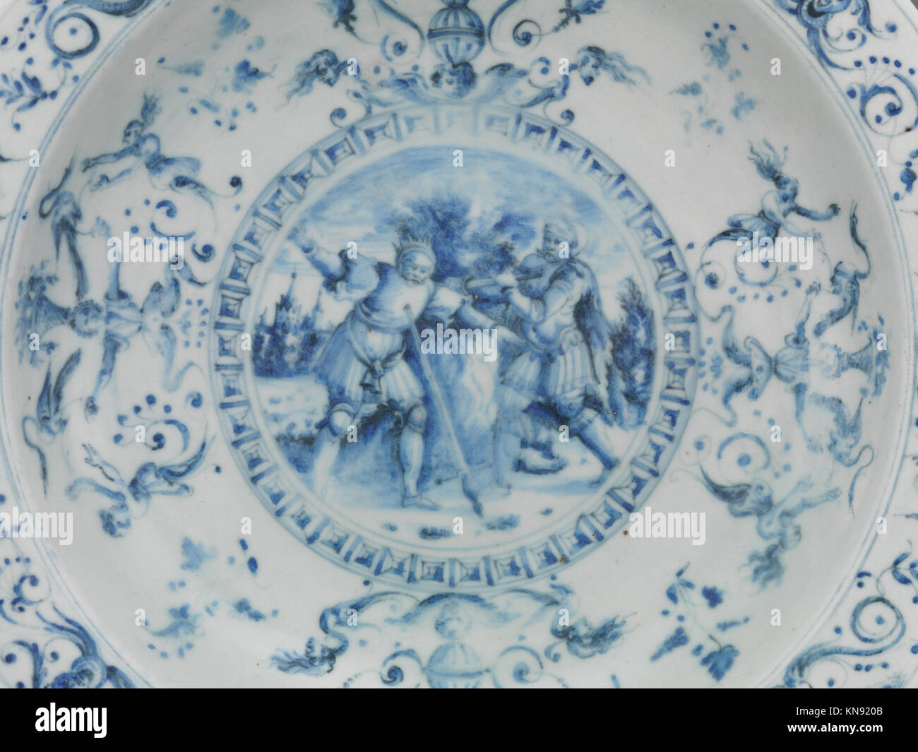 A dish illustrating the biblical scene of The Death of Saul, reflecting ...