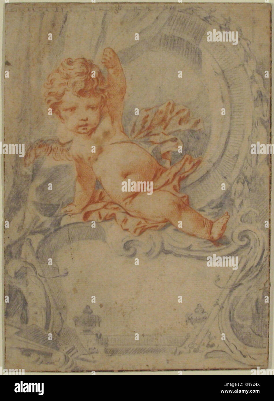 This artwork features Cupid posed within an ornamental cartouche ...
