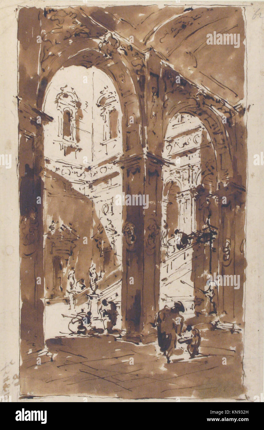 This architectural capriccio illustrates a palace courtyard, blending ...