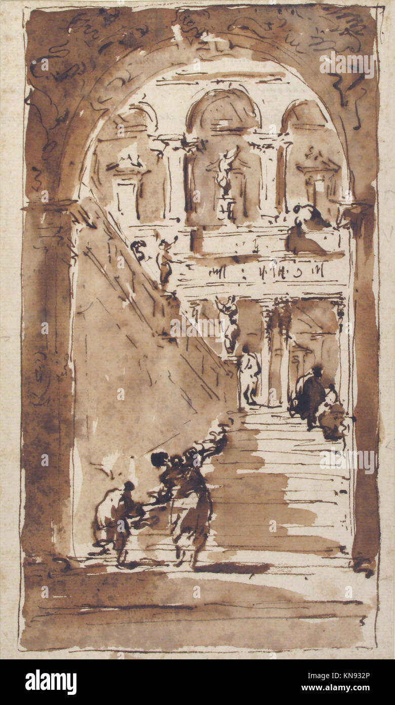 Drawing depicting figures on a grand staircase, illustrating ...