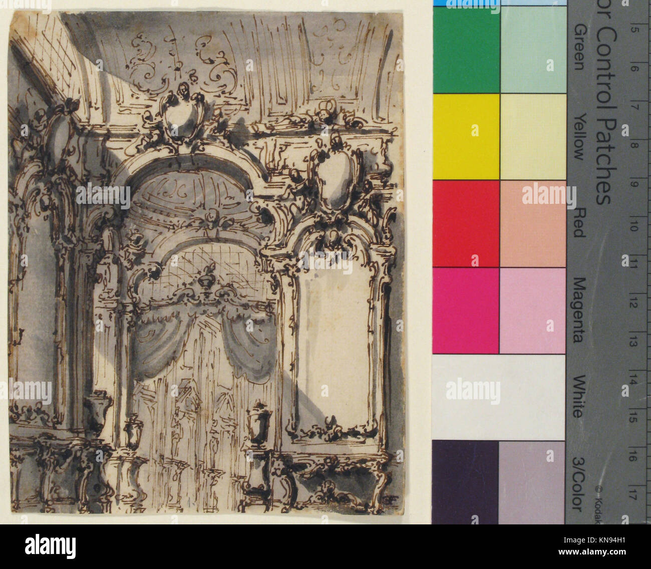 Stage set design of palazzo interior with mirrors and console tables ...