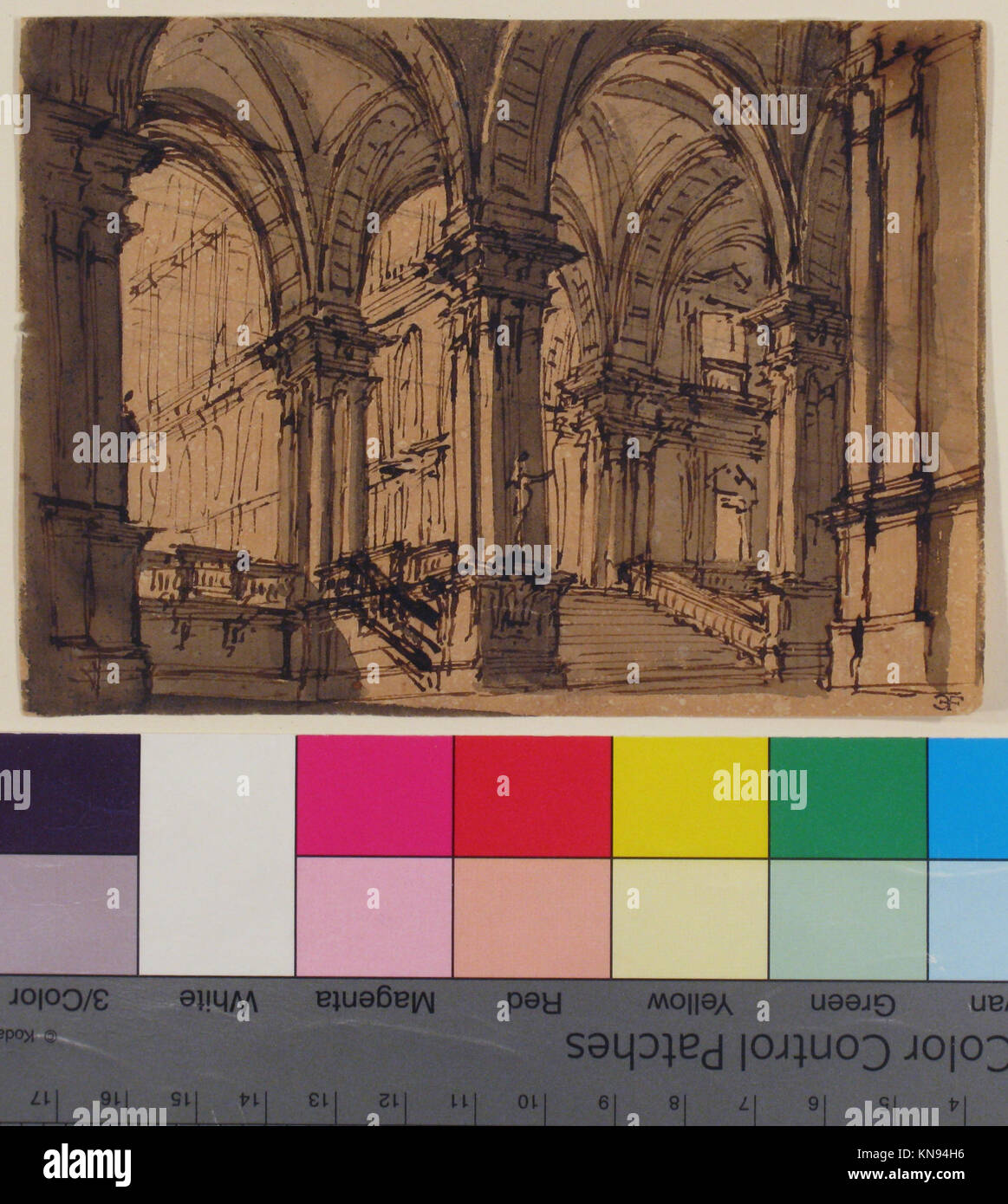 A conceptual stage set design showing backdrops, structures, and ...