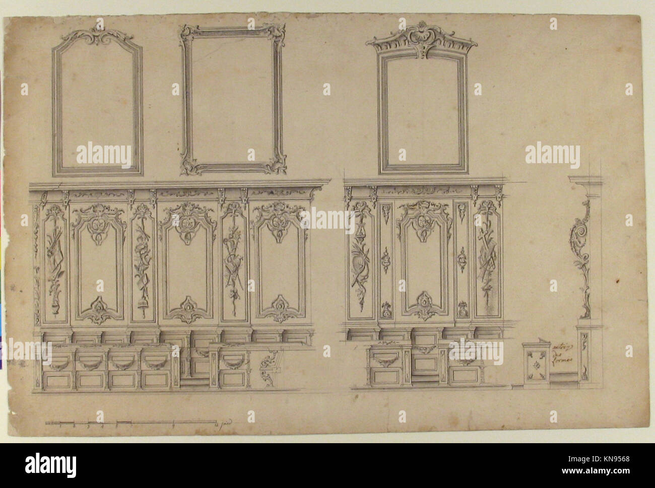 This design depicts choir stalls with detailed architectural drawings ...