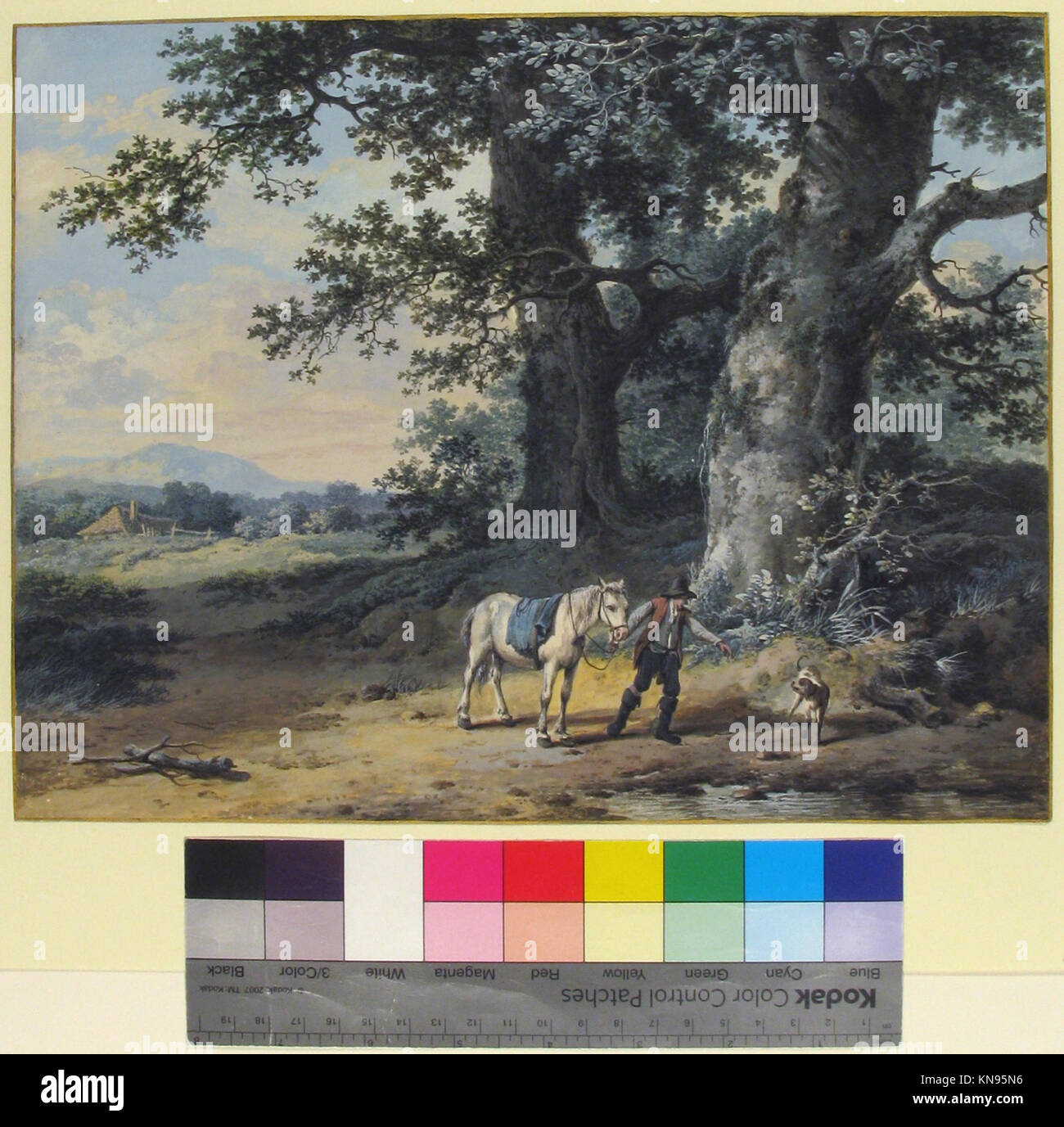 This artwork depicts a peasant leading a horse through the edge of a ...