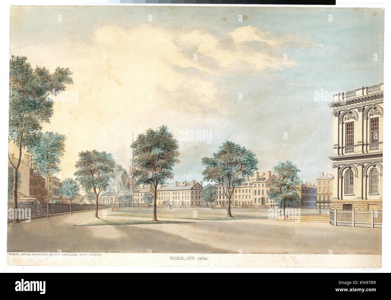 This watercolor by Alexander Jackson Davis depicts City Hall Park in ...