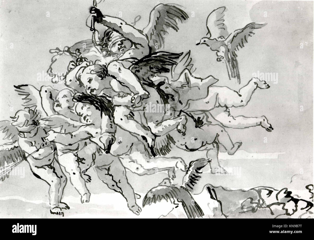 This artwork shows blindfolded Cupid carried by seven winged putti ...