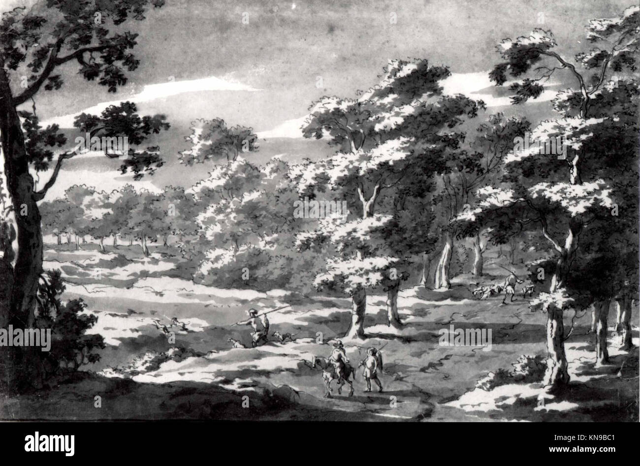 This artwork depicts a forest clearing, with human figures integrated ...