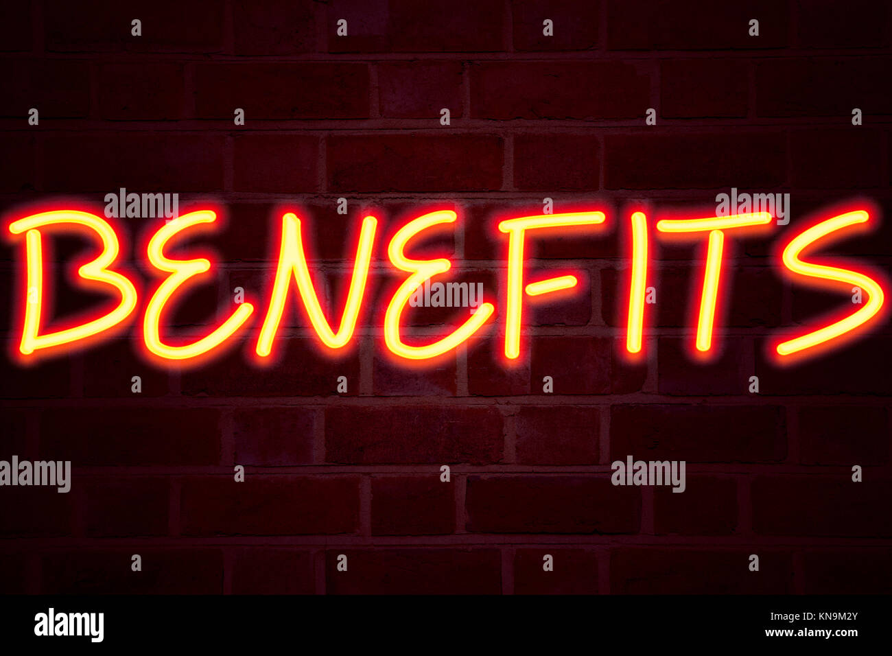 Benefits neon sign on brick wall background. Fluorescent Neon tube Sign ...