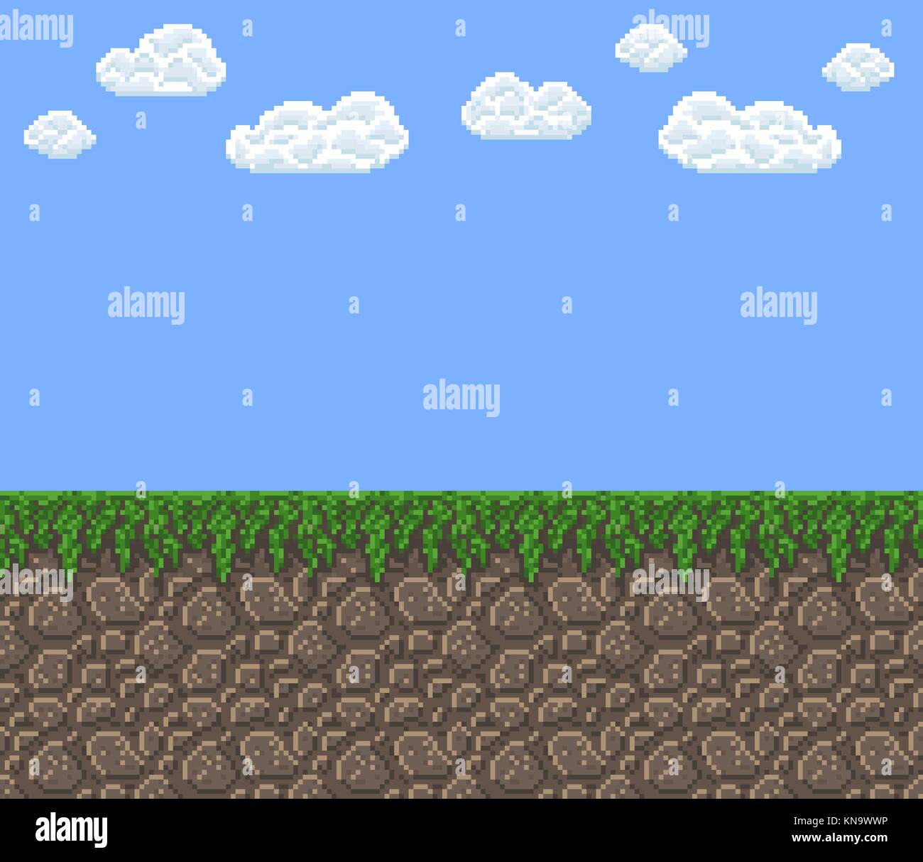 pixel art vector texture - bright day blue sky with clouds green grass ...