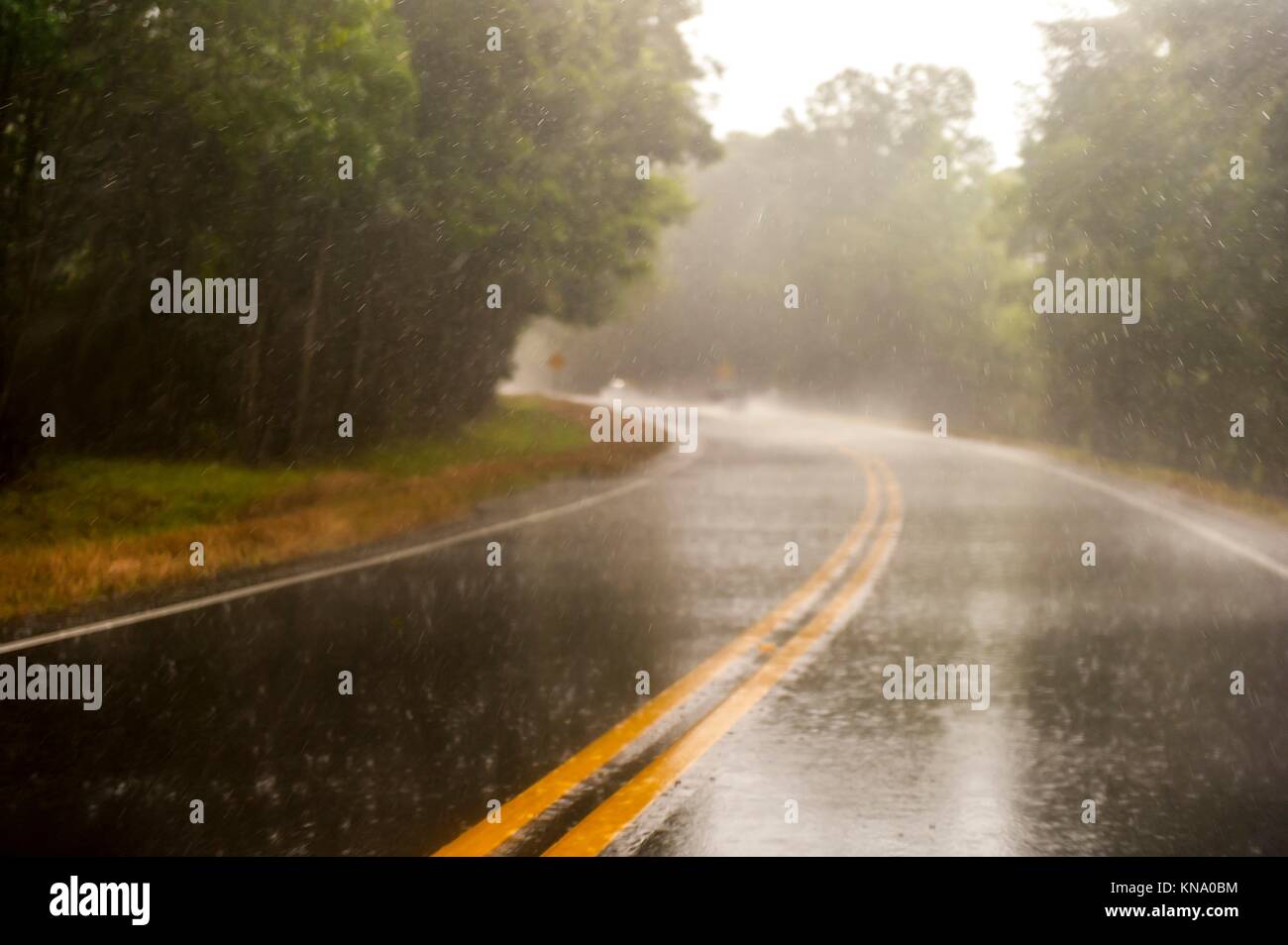 A wet 2 lane paved country road fading around a curve in a rain storm ...